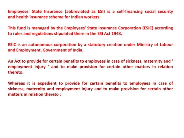 Benefits of Employees State Insurance Act, 1948 | PPT
