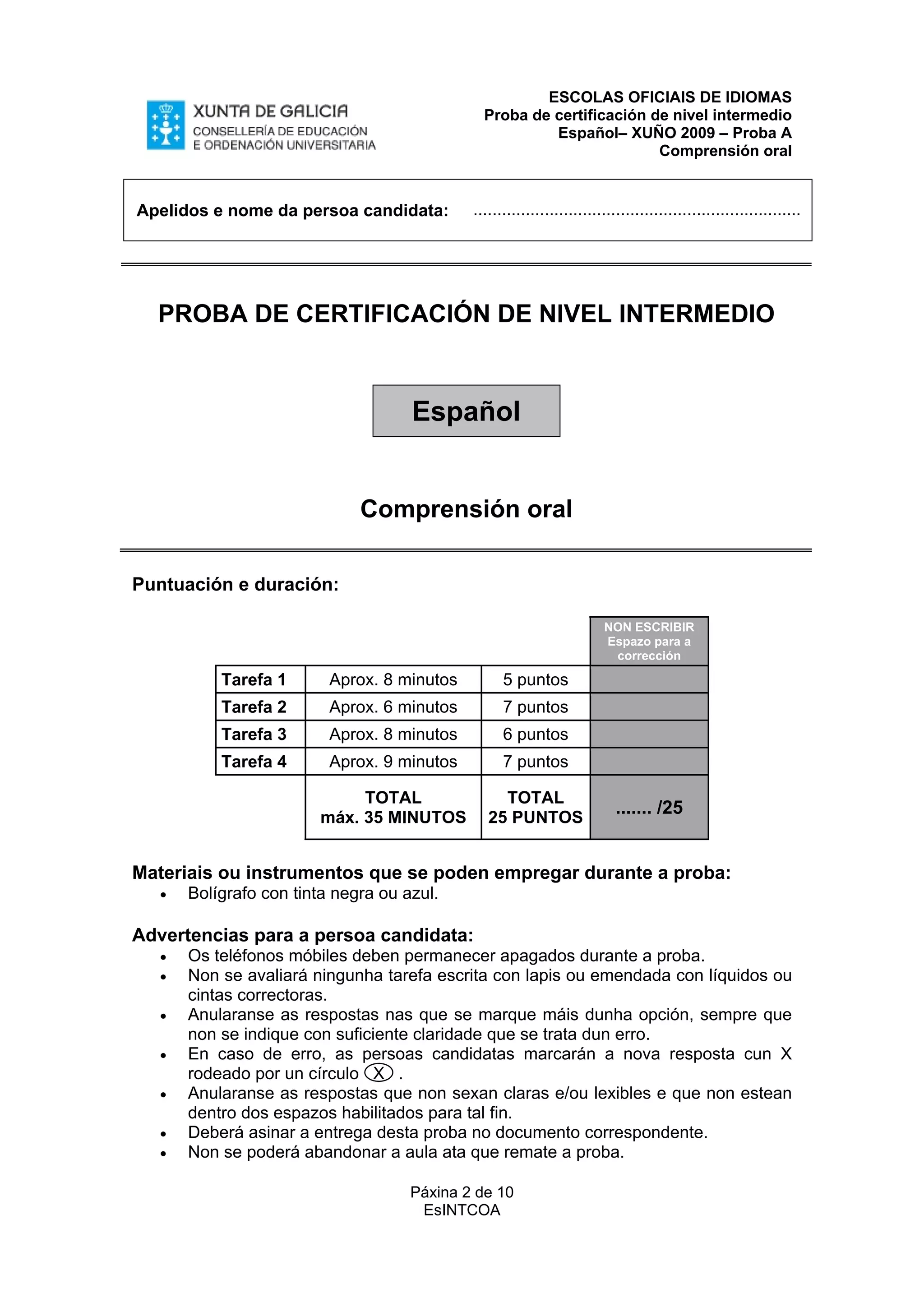 Comprensión oral Certificación Nivel Intermedio B1 Español EOI Galicia ...