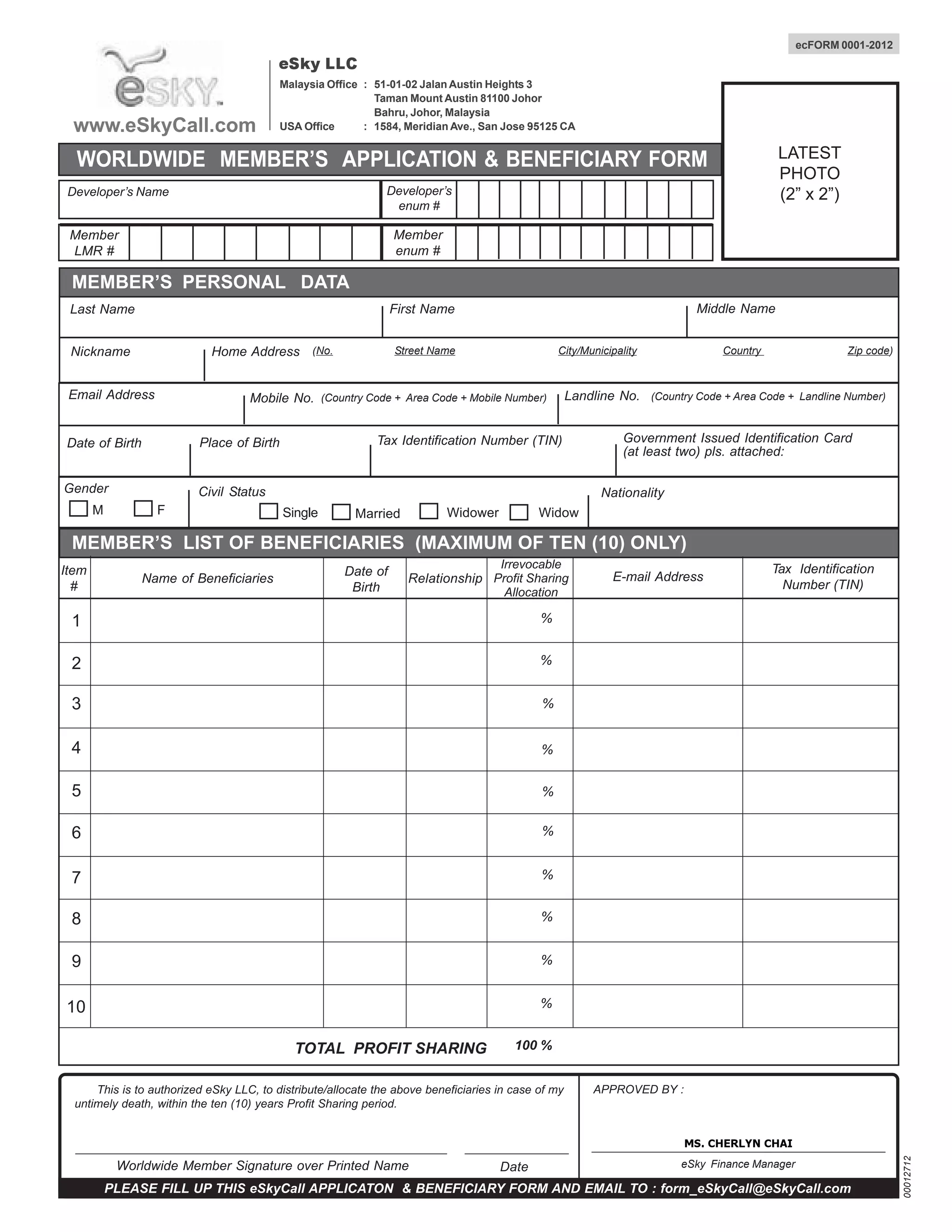 eSkyCall member application & beneficiary form | PDF