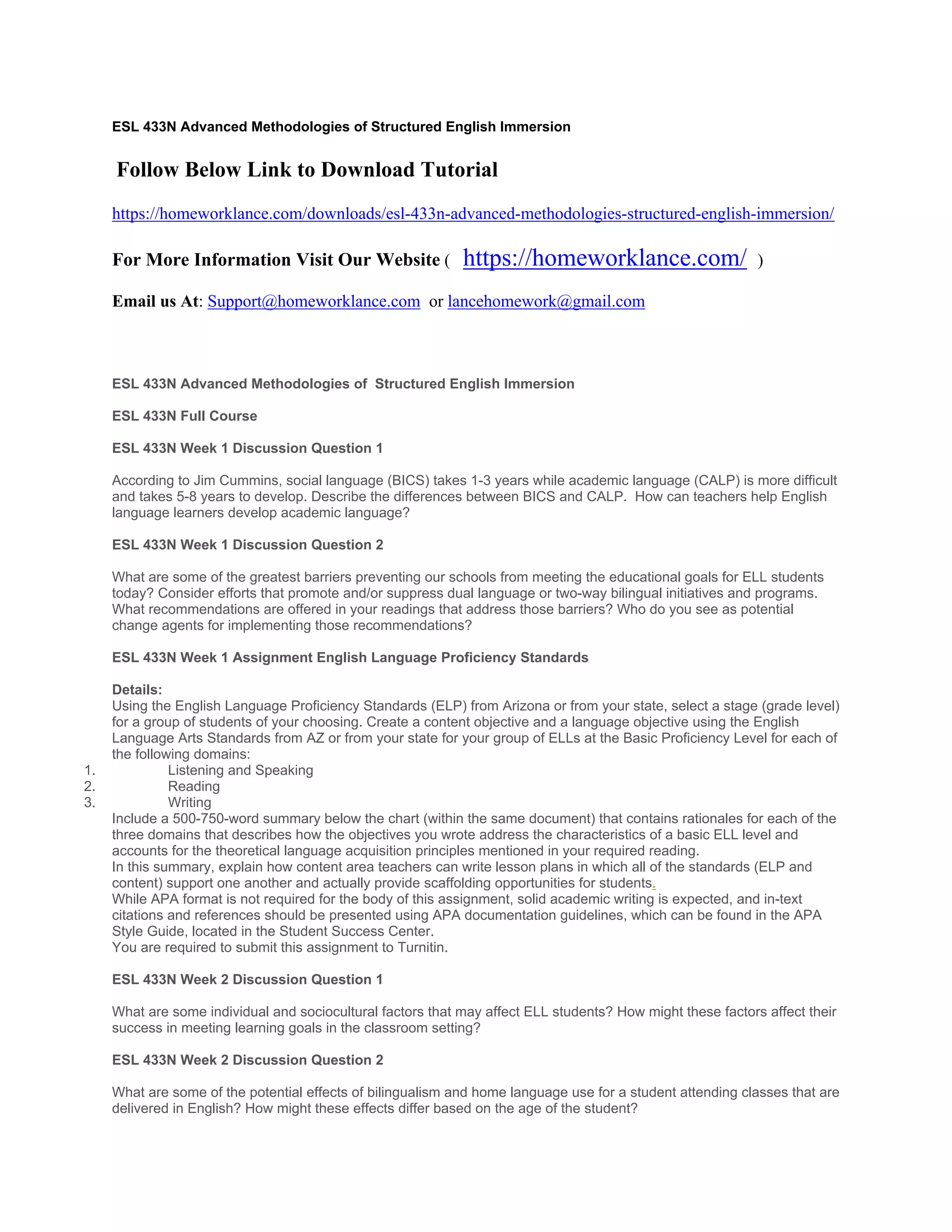 Esl 433 n advanced methodologies of structured english immersion | PDF