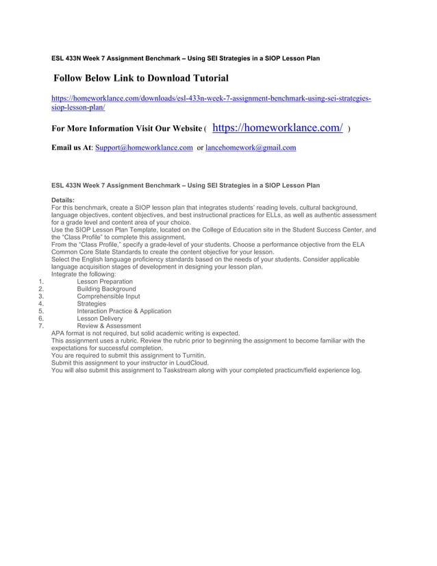 Esl 433 n week 7 assignment benchmark – using sei strategies in a siop ...