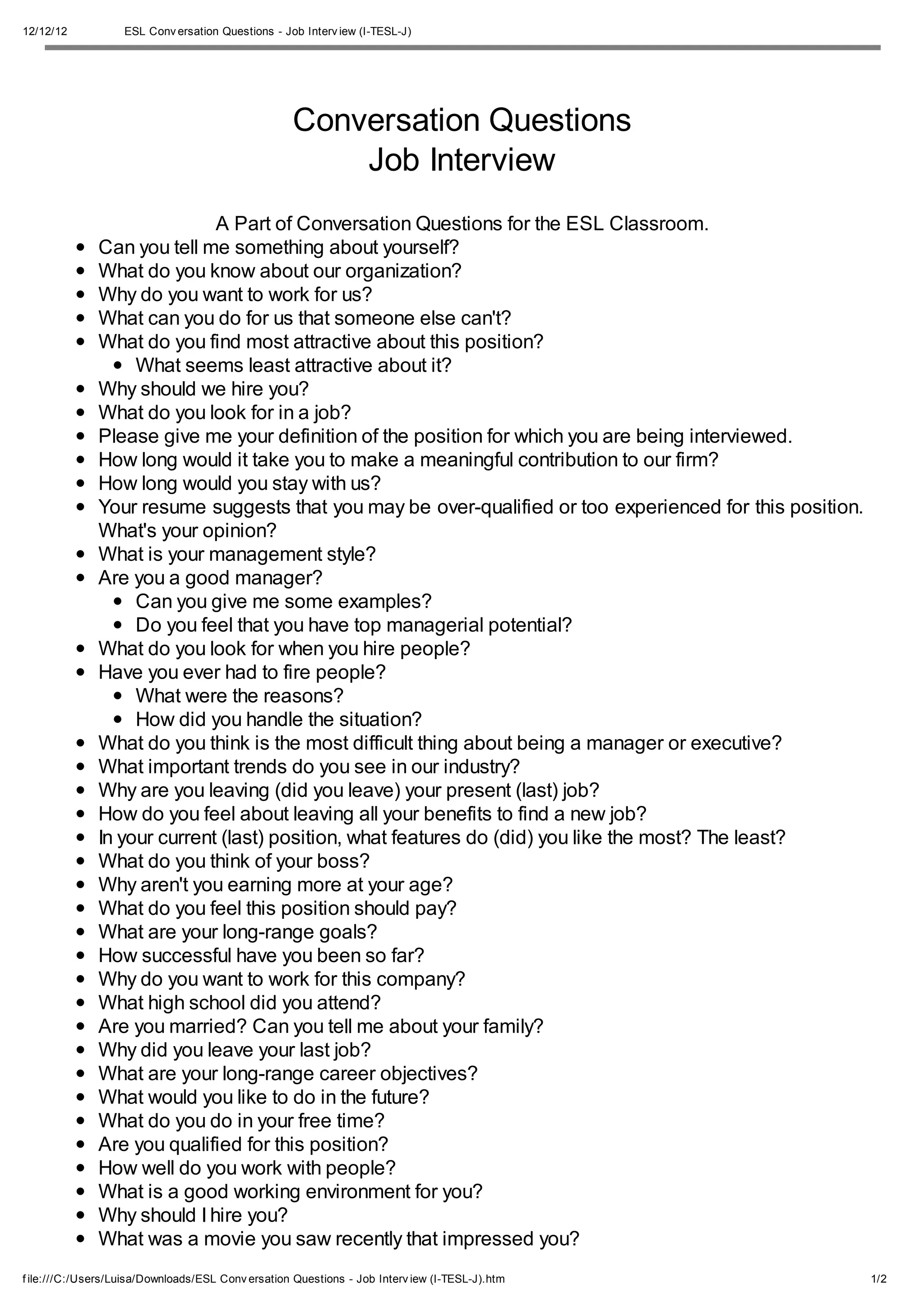 Esl conversation questions job interview (i-tesl-j) | PDF