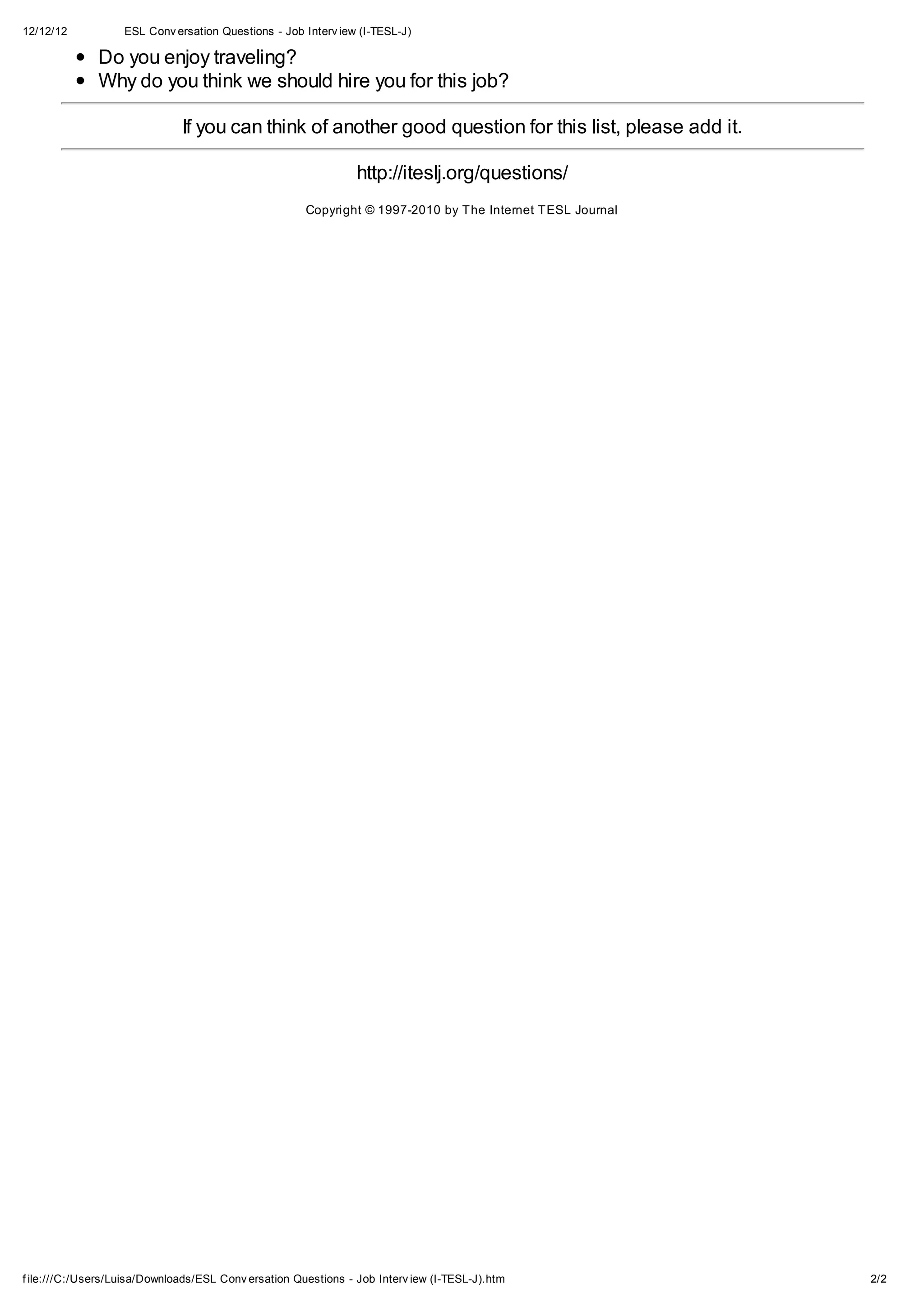 Esl conversation questions job interview (i-tesl-j) | PDF