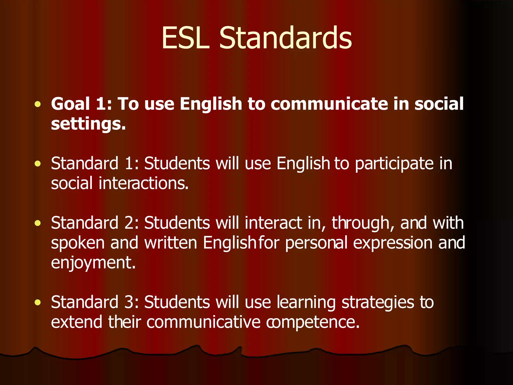 ESL Learning Standards Preview Presentation | PPT | Education