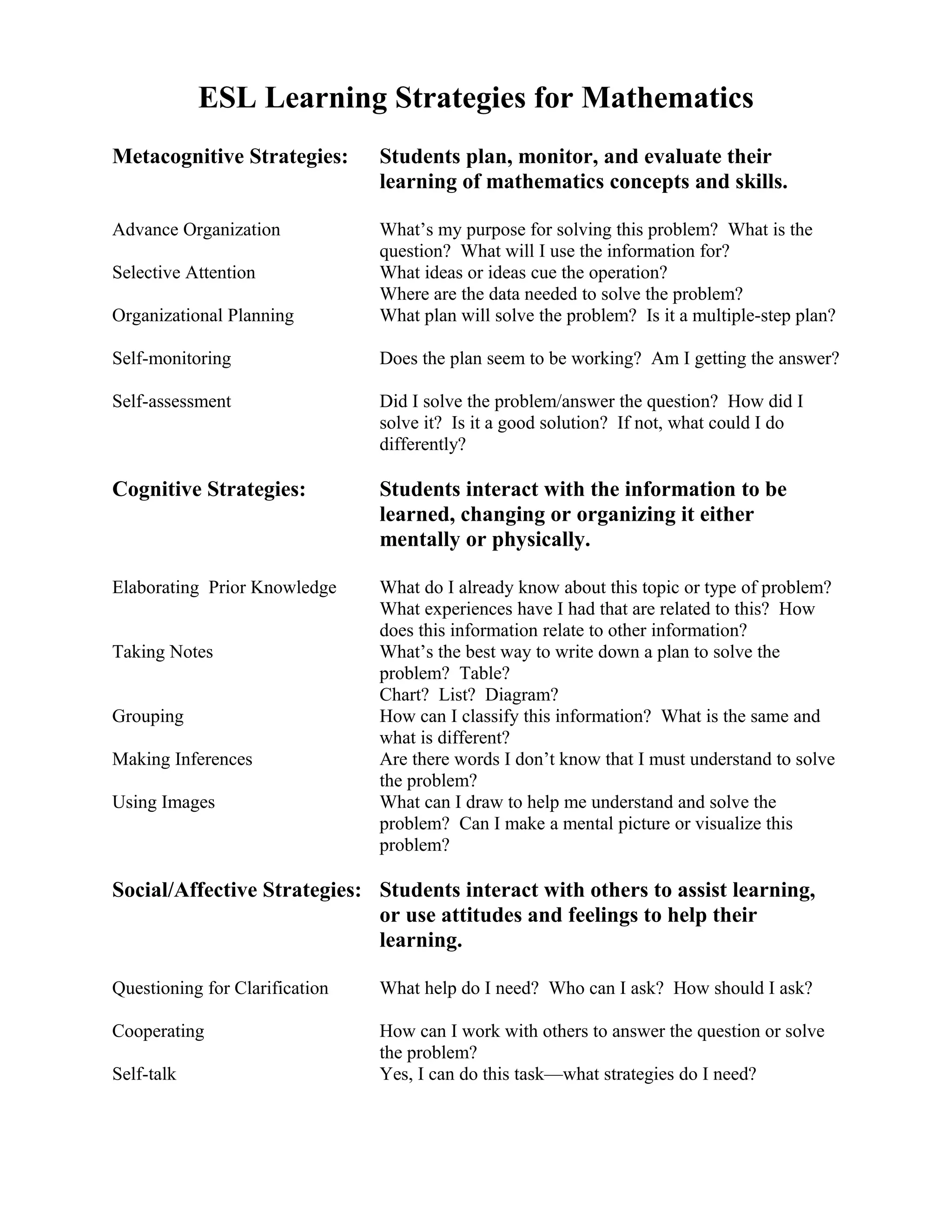 Esl learning strategies for mathematics | DOC | Standardized Testing ...