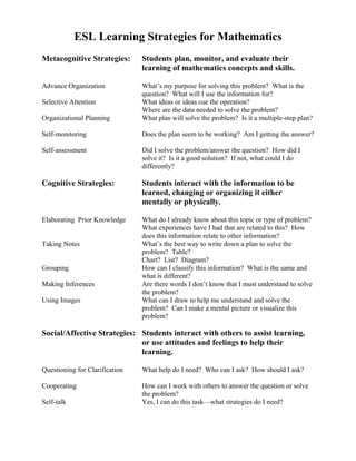 Esl learning strategies for mathematics | DOC | Standardized Testing ...