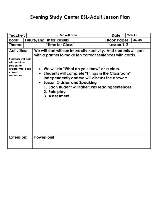Esl lesson plan format 2015 unit 3 lesson 1-2 | DOCX