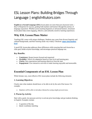 ESL Lesson Plans: Building Bridges Through Language | english4tutors.com