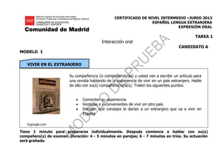 Expresión oral. Certificación Nivel Intermedio B1 Español EOI Madrid | PDF