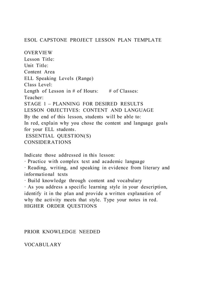Esol capstone project lesson plan templateoverview lesson tit | DOCX ...