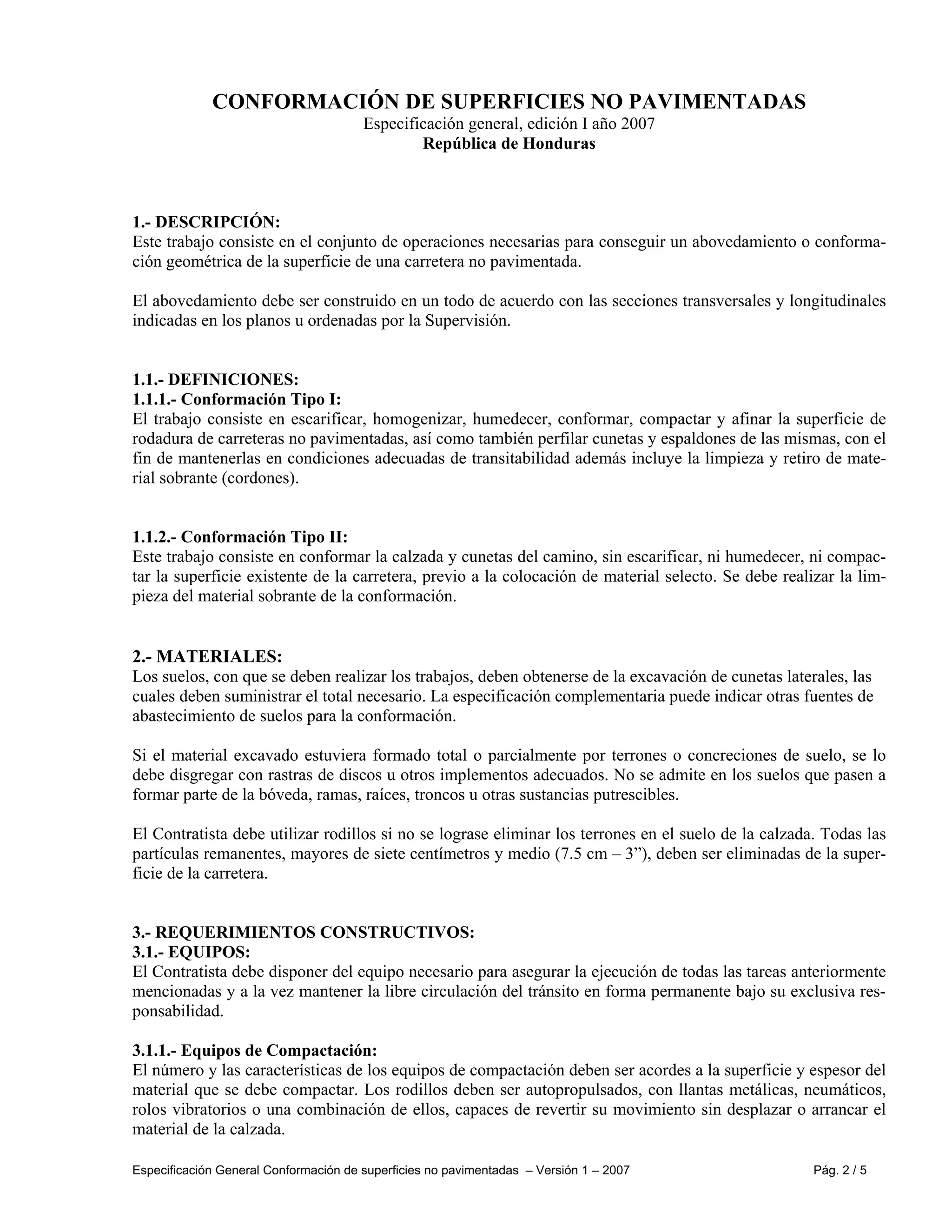 Esp. gral. conformación superficies no pavimentadas | PDF