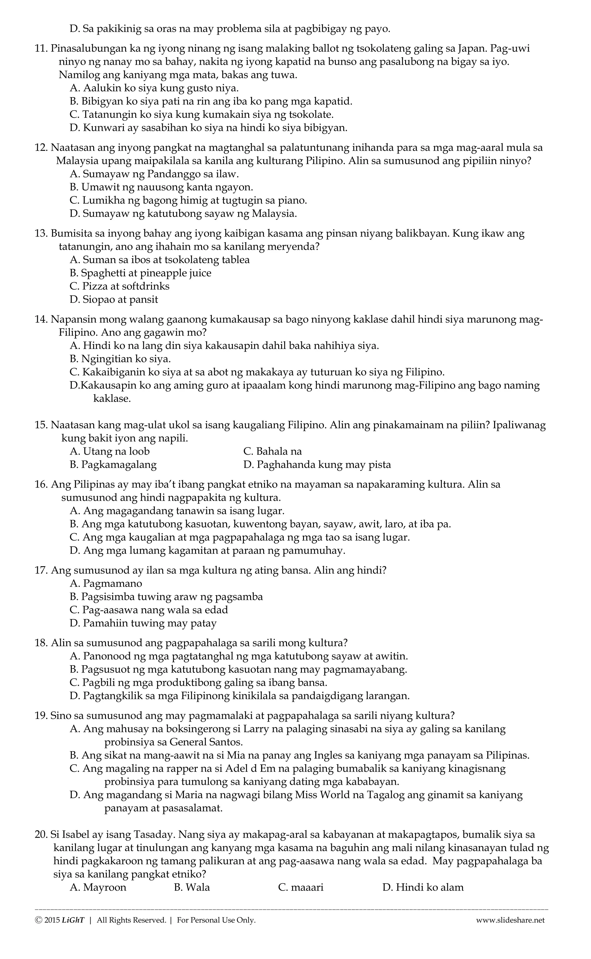 K TO 12 GRADE 4 DIAGNOSTIC / PRE TEST IN EDUKASYON sa PAGPAPAKATAO | PDF