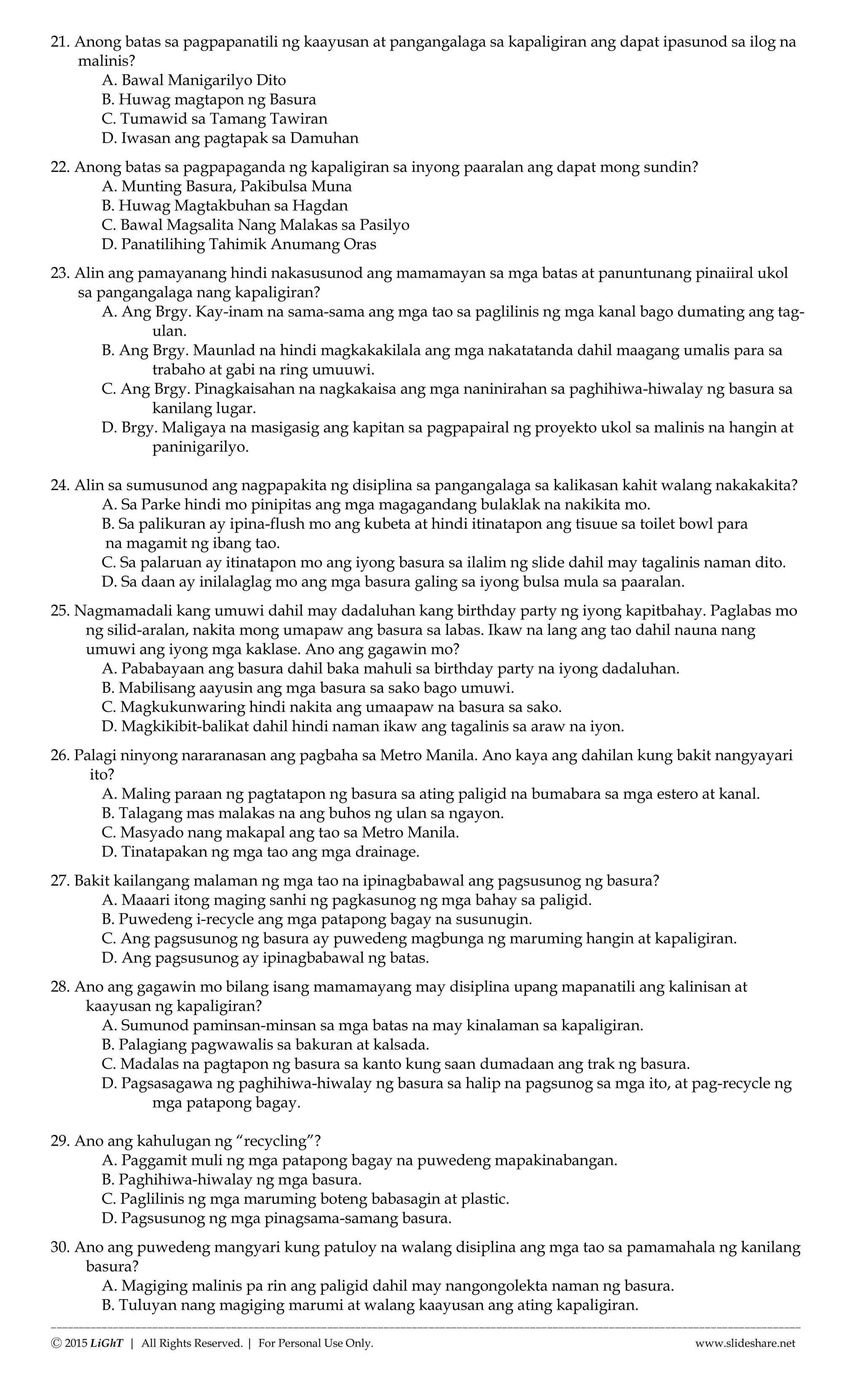 K TO 12 GRADE 4 DIAGNOSTIC / PRE TEST IN EDUKASYON sa PAGPAPAKATAO | PDF