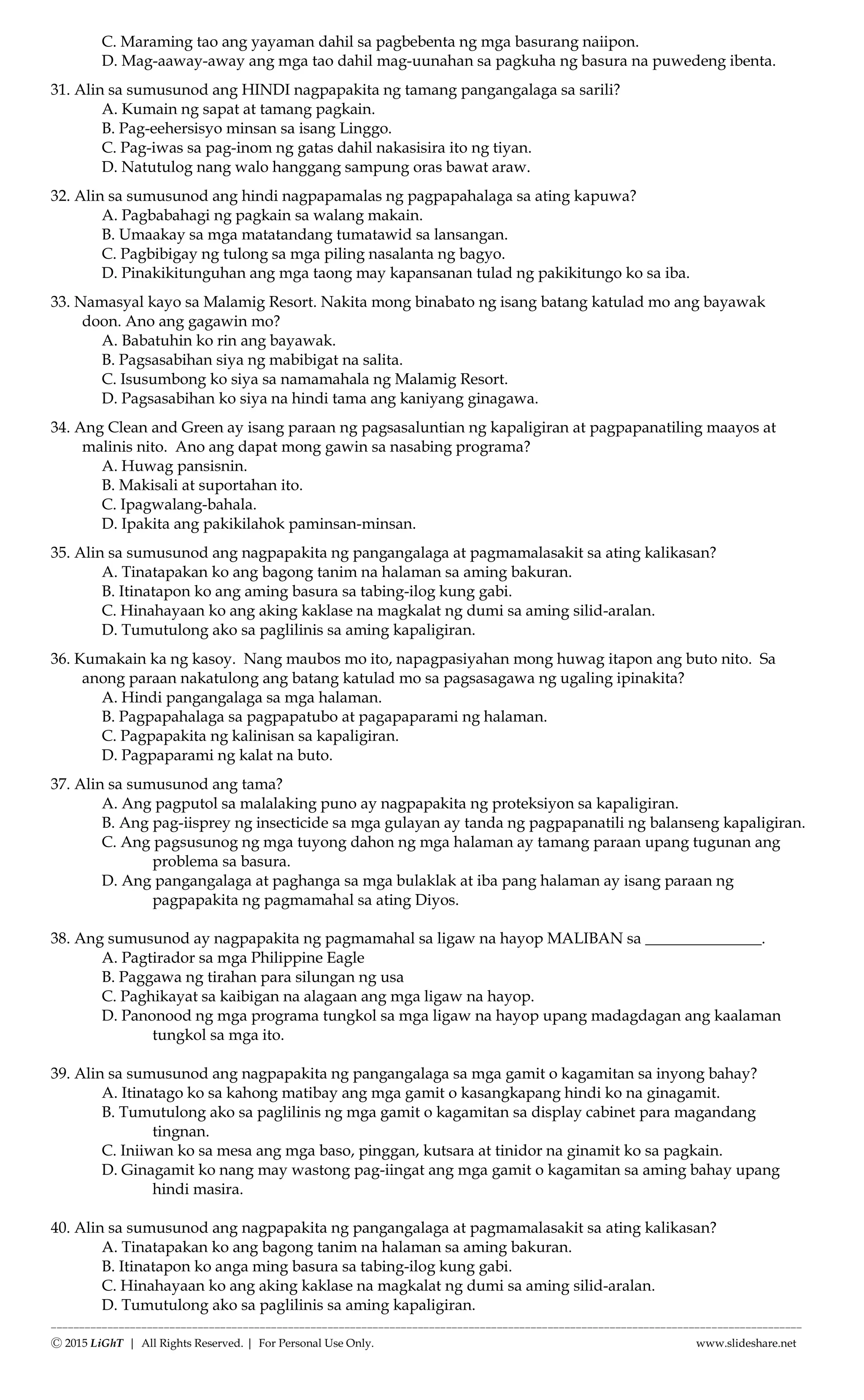 K TO 12 GRADE 4 DIAGNOSTIC / PRE TEST IN EDUKASYON sa PAGPAPAKATAO | PDF