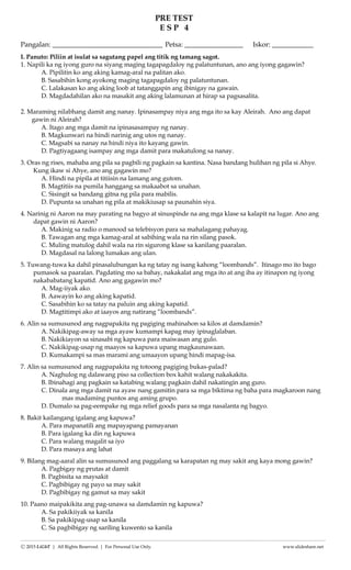 K TO 12 GRADE 4 DIAGNOSTIC / PRE TEST IN EDUKASYON sa PAGPAPAKATAO | PDF