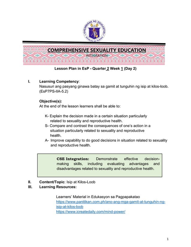 Esp-7-Q2-Wk-1-DLP-CSE Integration.doc.docx | Educational Assessment | Education