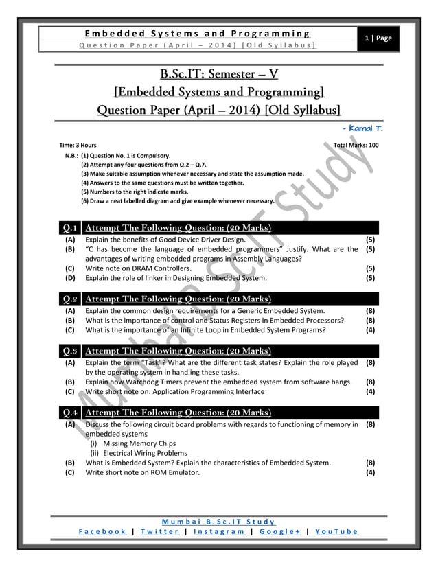 Question Paper Embedded Systems And Programming Old Syllabus April 2014 Pdf