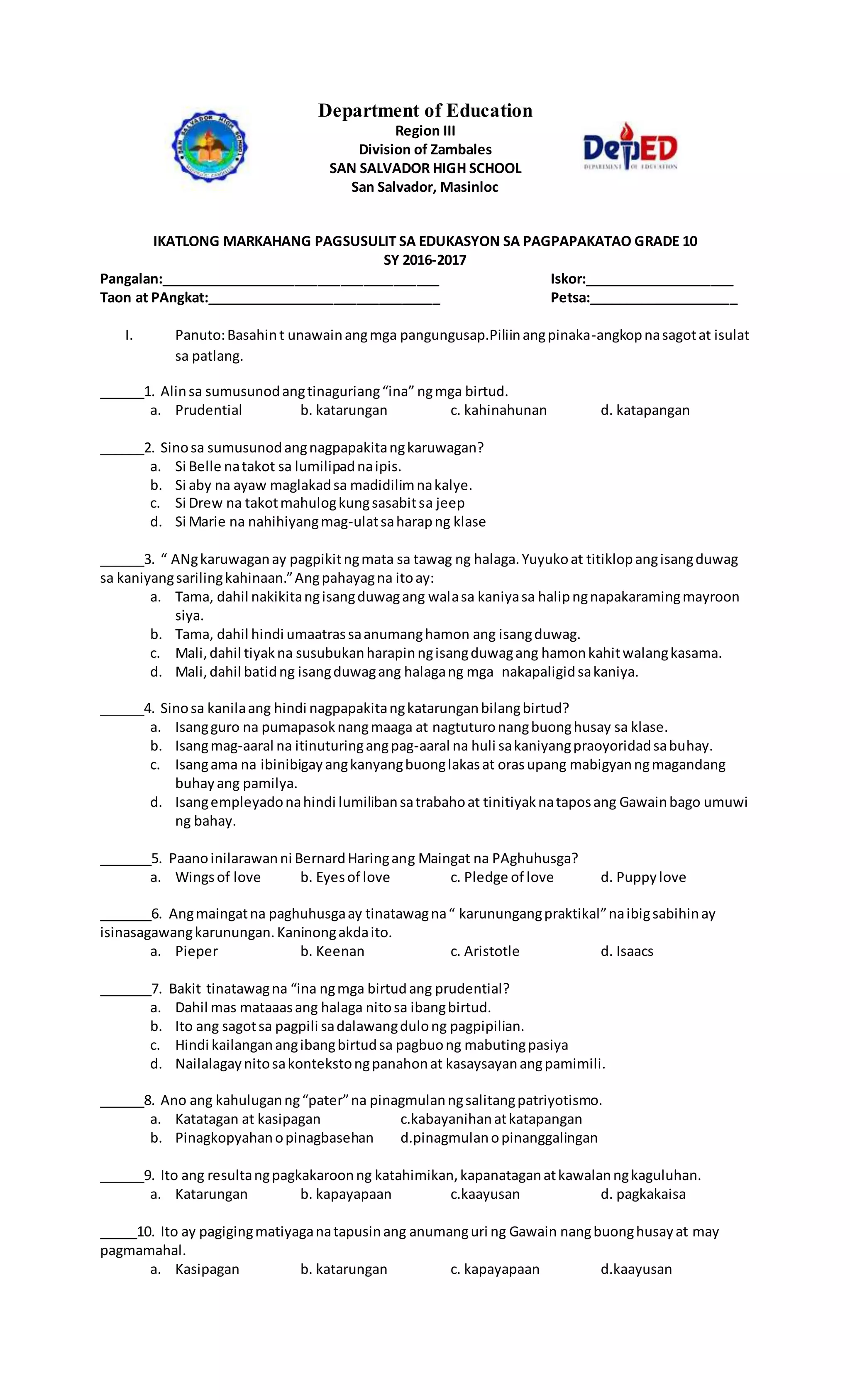 Ikatlong markahang pagsusulit ESP 10 | DOCX