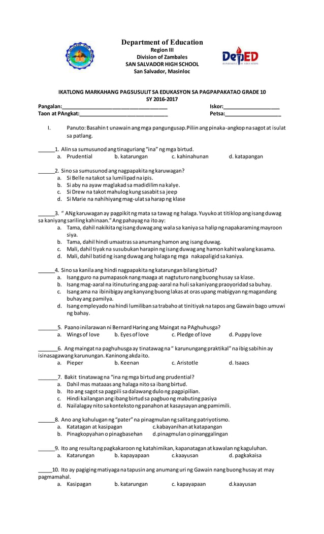 Ikatlong markahang pagsusulit ESP 10 | DOCX