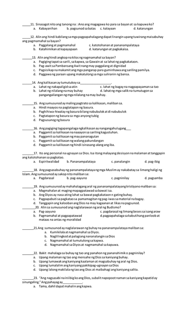 Ikatlong markahang pagsusulit ESP 10 | DOCX
