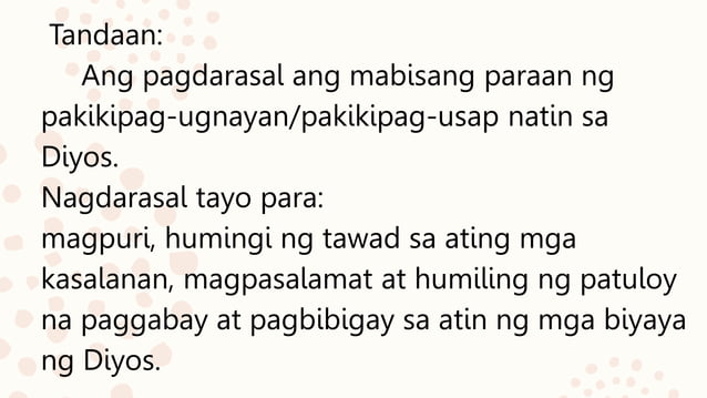 ESP 1 PPT Q4 W3 - DAY 1 - Pamamaraan Ng Pakikipag-Ugnayan Sa Panginoon Sa Pamamagitan Ng Pag ...