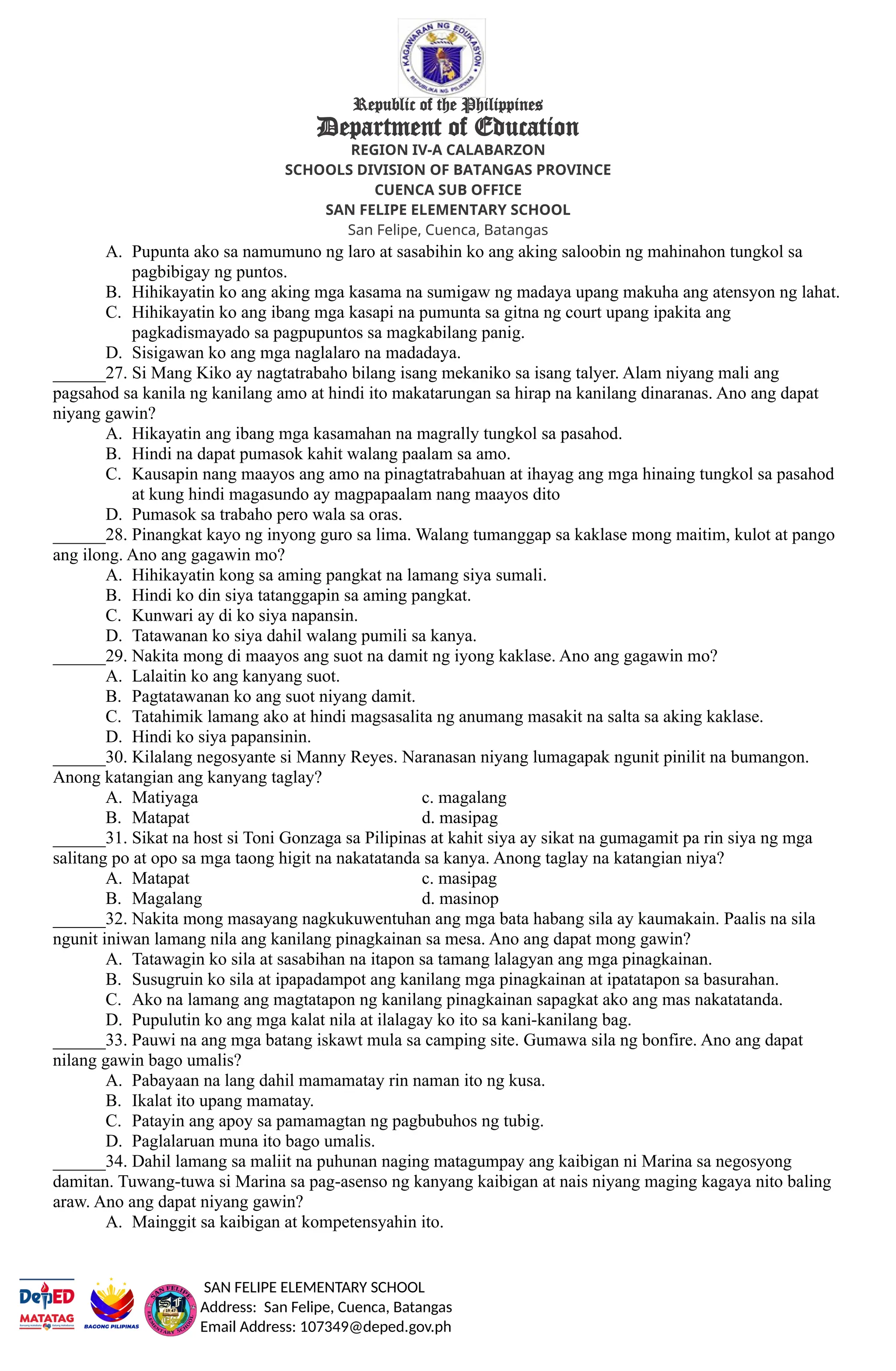 Education sa Pagpapakatao. Grade 6 week 1 Quarter 1 | DOCX