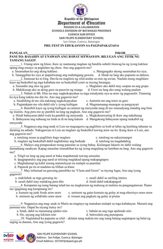 Education sa Pagpapakatao. Grade 6 week 1 Quarter 1 | DOCX