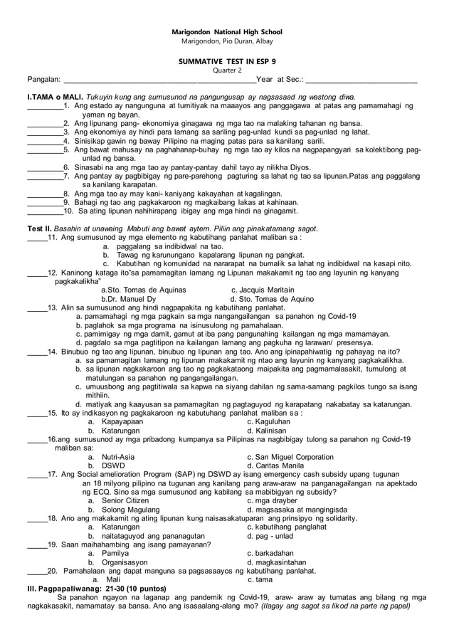 Esp9 Q2 Summative Test Pdf Pangwakas Na Pagsusulit Sa Edukasyon Sa Esp9 Q2 Summative Test Pdf Pangwakas Na Pagsusulit Sa Edukasyon Sa