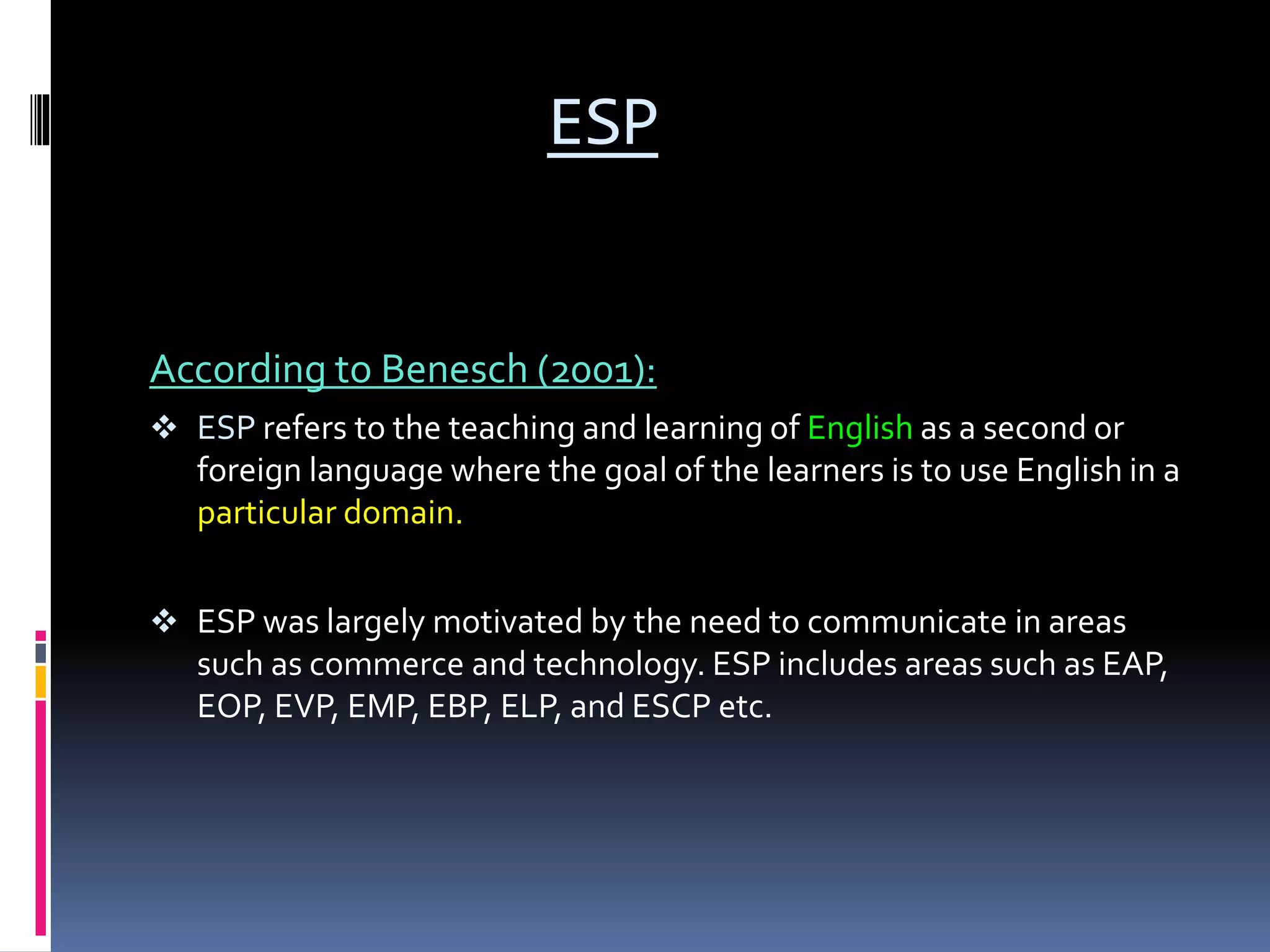 Esp and listening skills in applied linguistics | PPTX