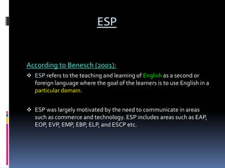 Esp and listening skills in applied linguistics | PPTX