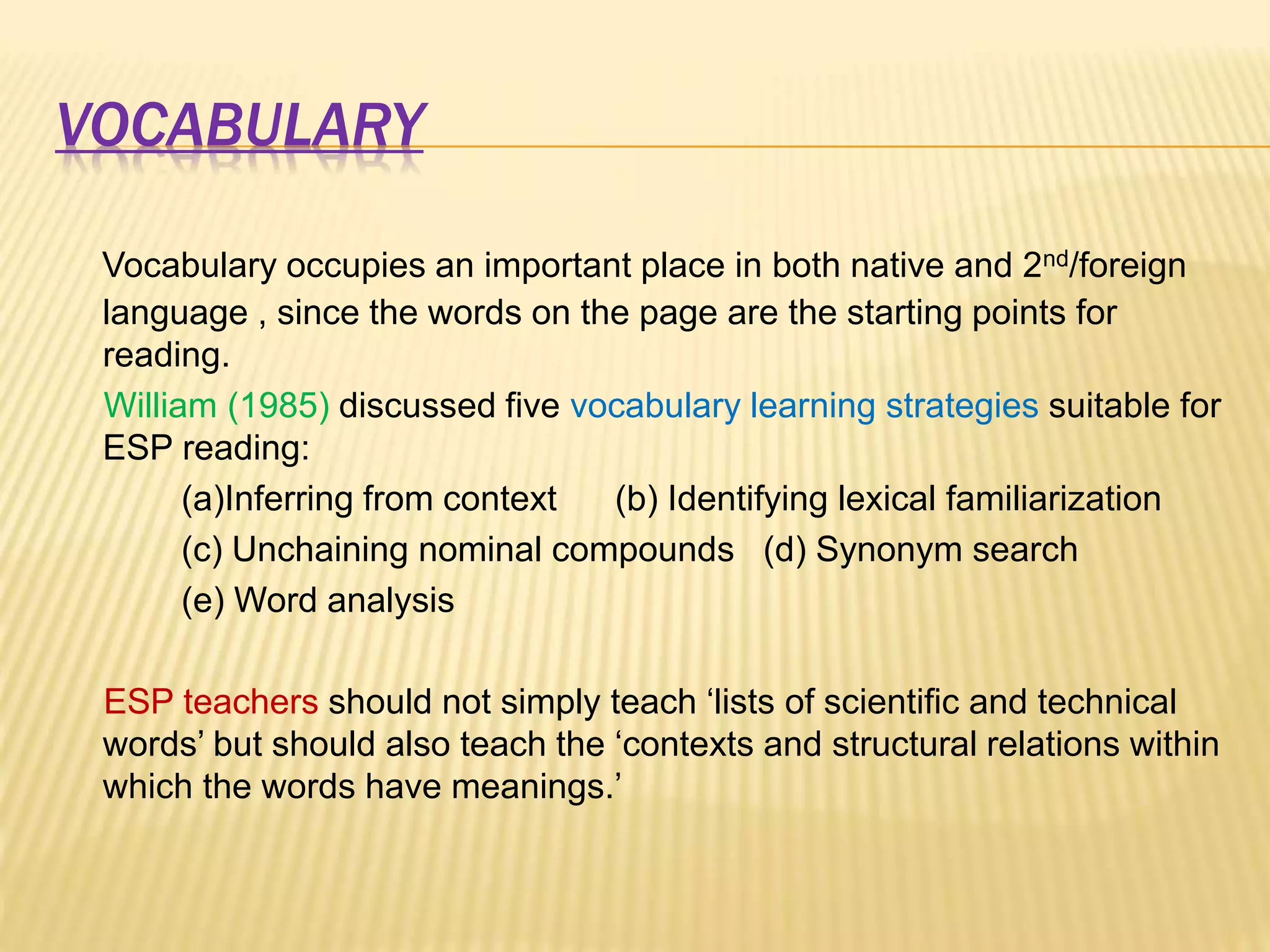 Esp and reading skill in applied linguistics | PPTX