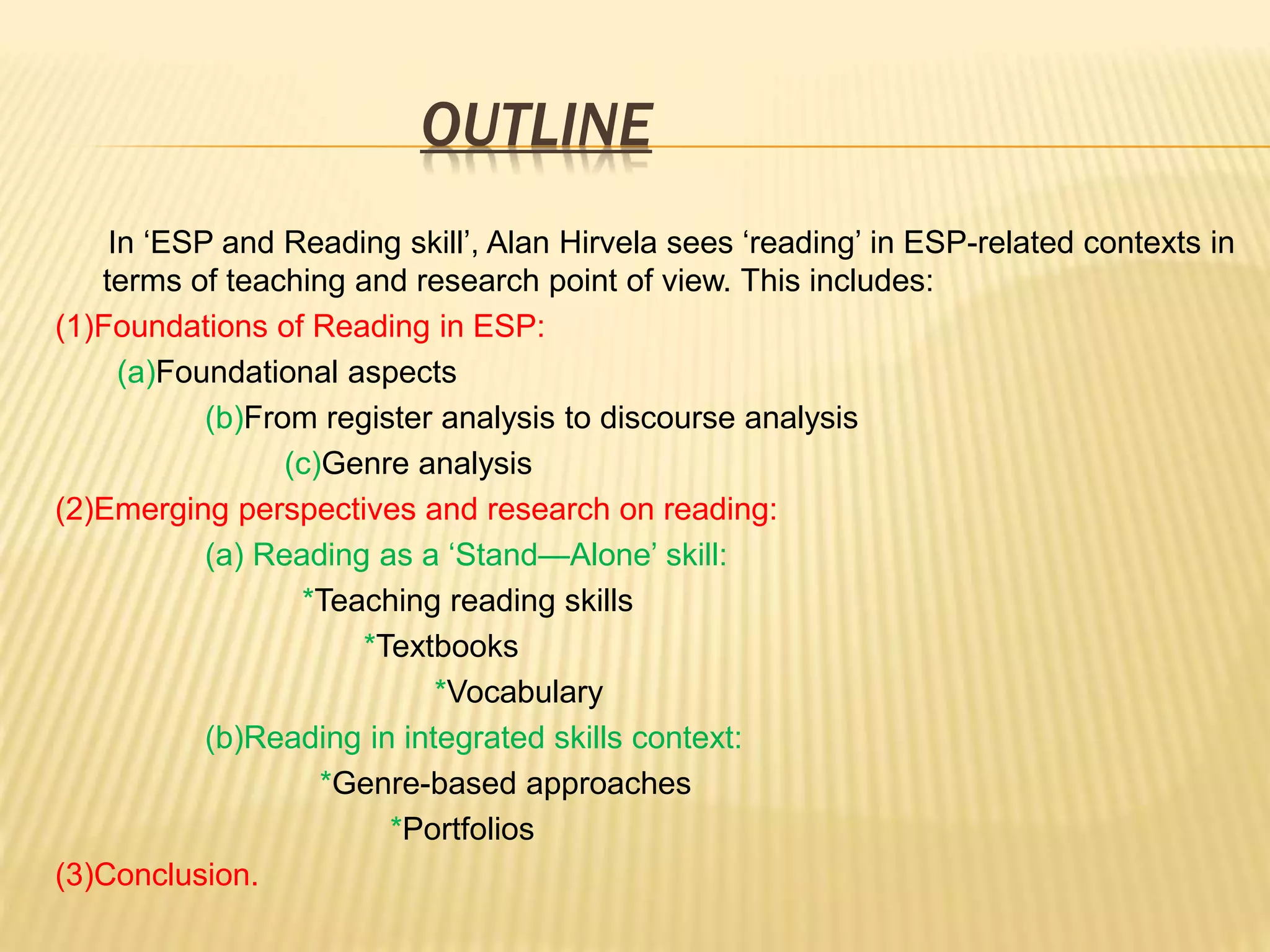 Esp and reading skill in applied linguistics | PPTX