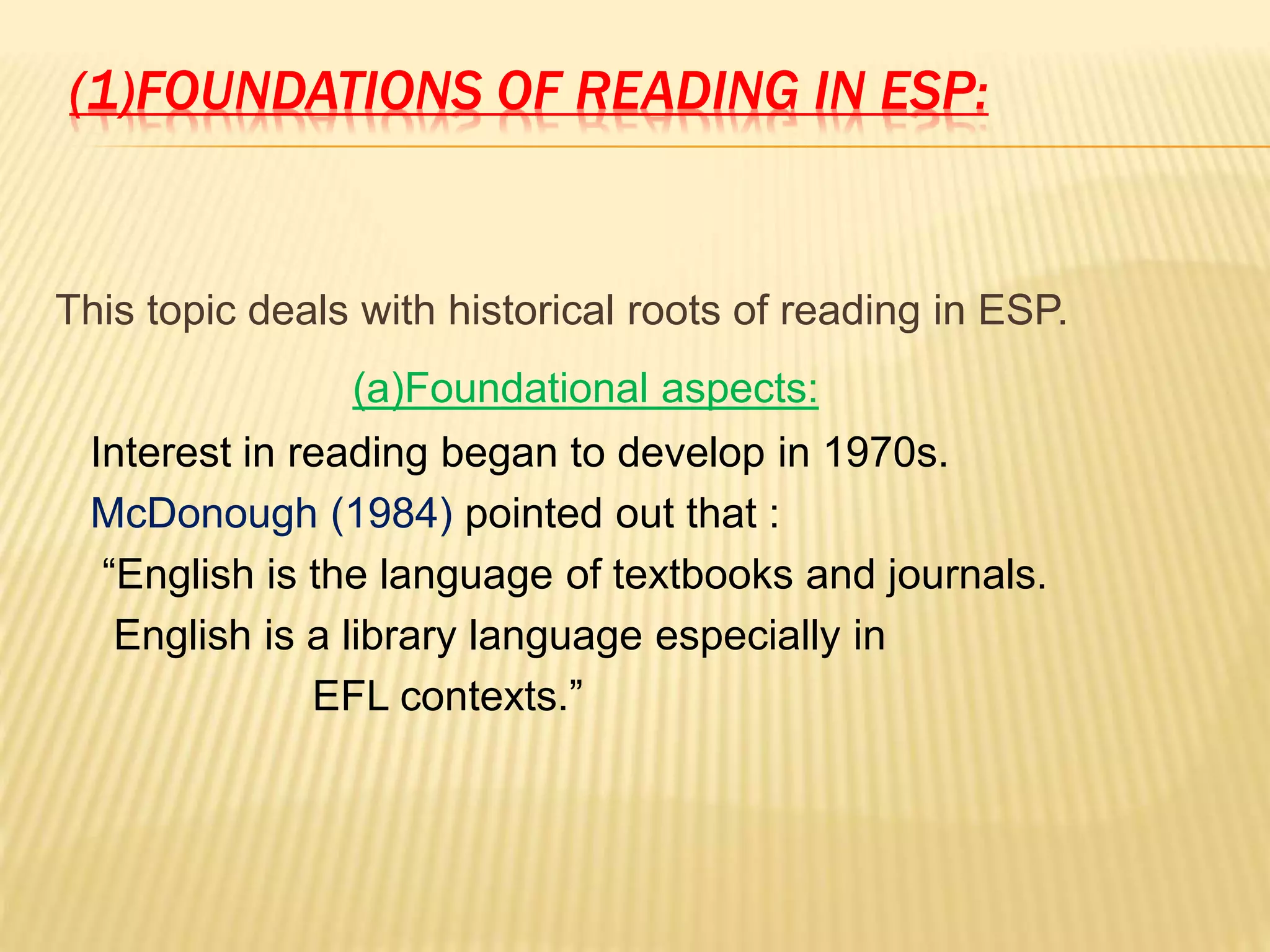 Esp and reading skill in applied linguistics | PPTX