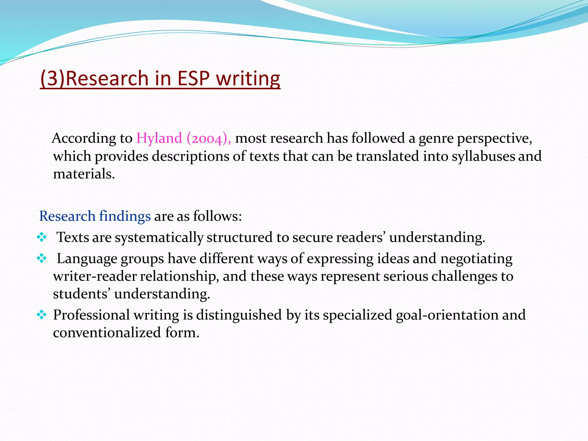 Esp and writing skill in applied linguistics | PPTX