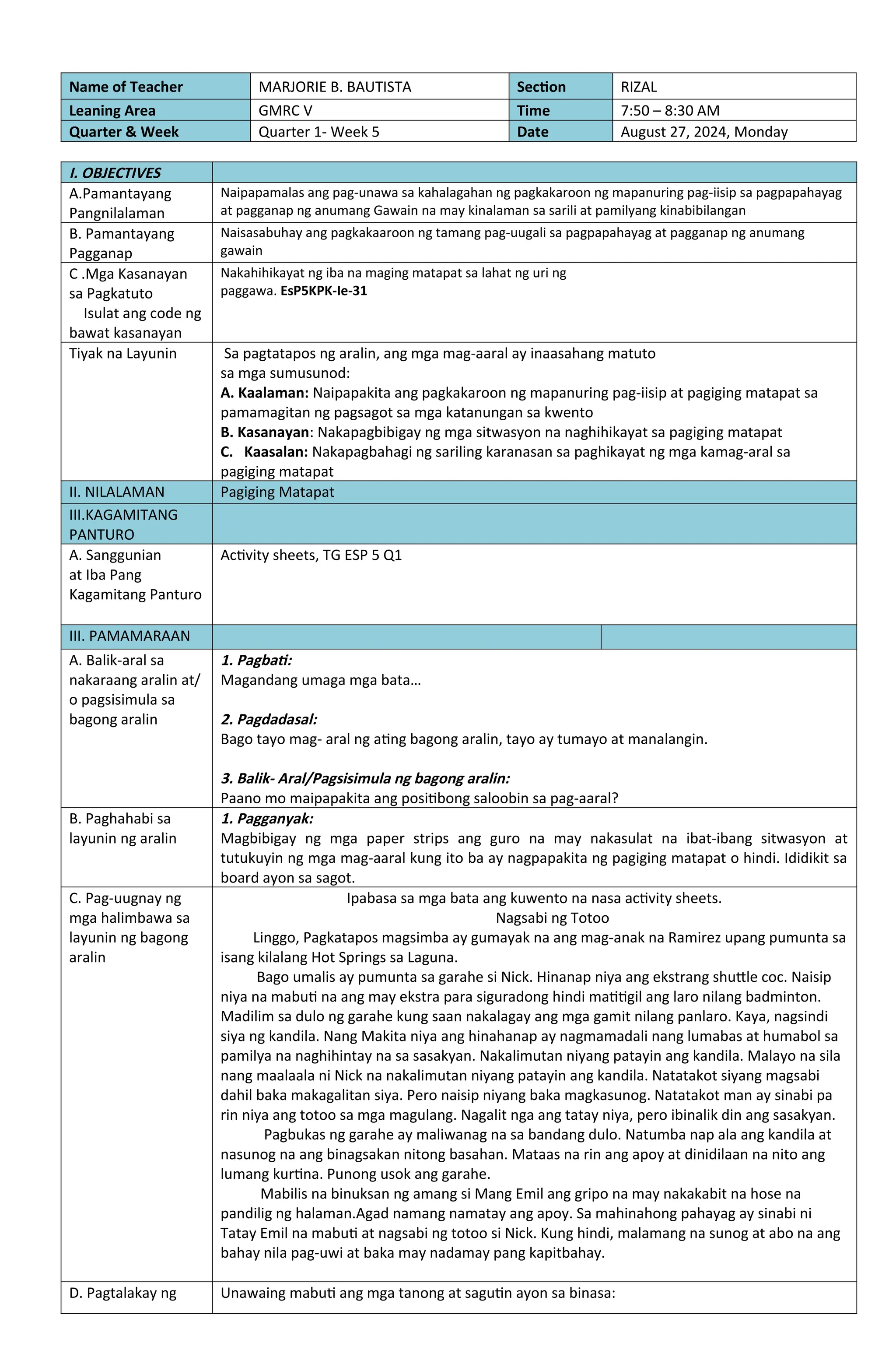 ESP Detailed Lesson Plan Quarter 1 week 5 day 1 | DOCX