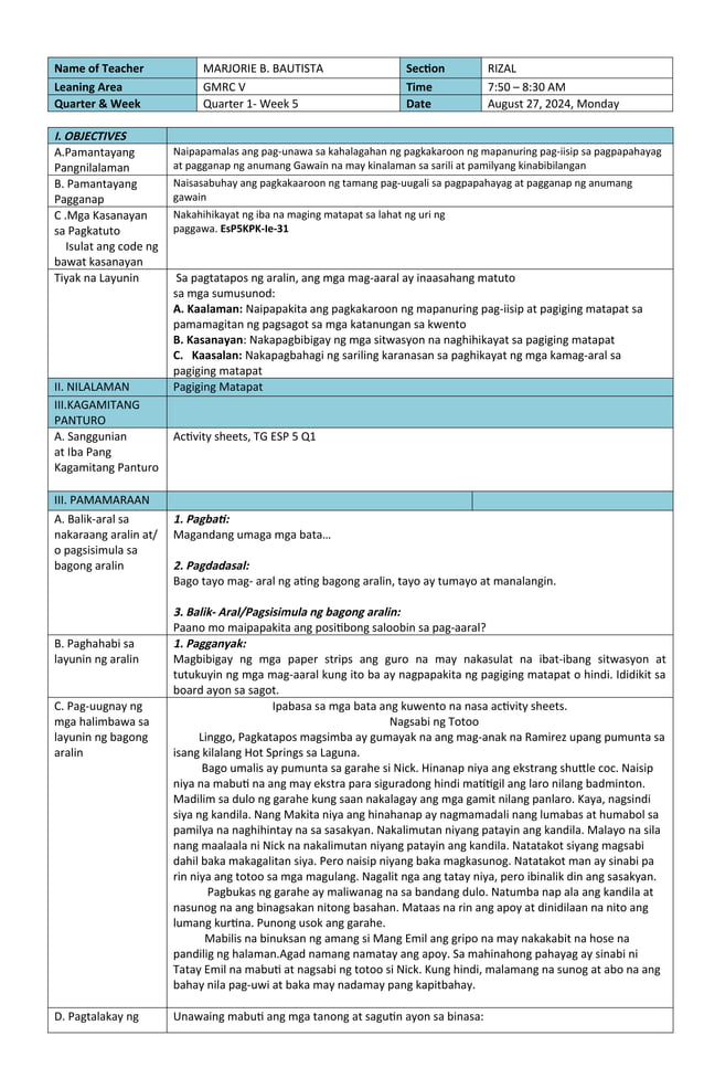 ESP Detailed Lesson Plan Quarter 1 week 5 day 1 | DOCX