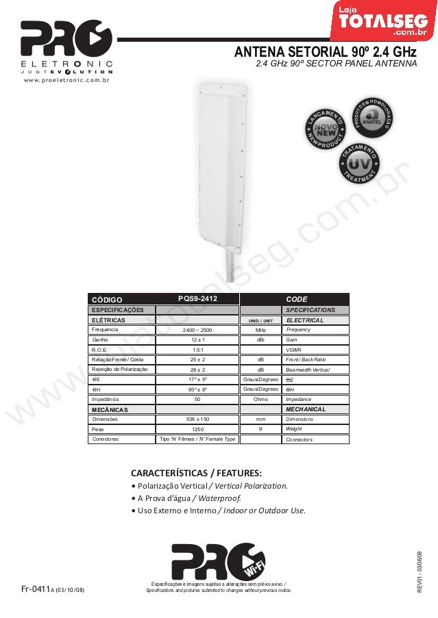 Especificação Técnica da Antena Painel Setorial 90º 12dBi PQS9-2412