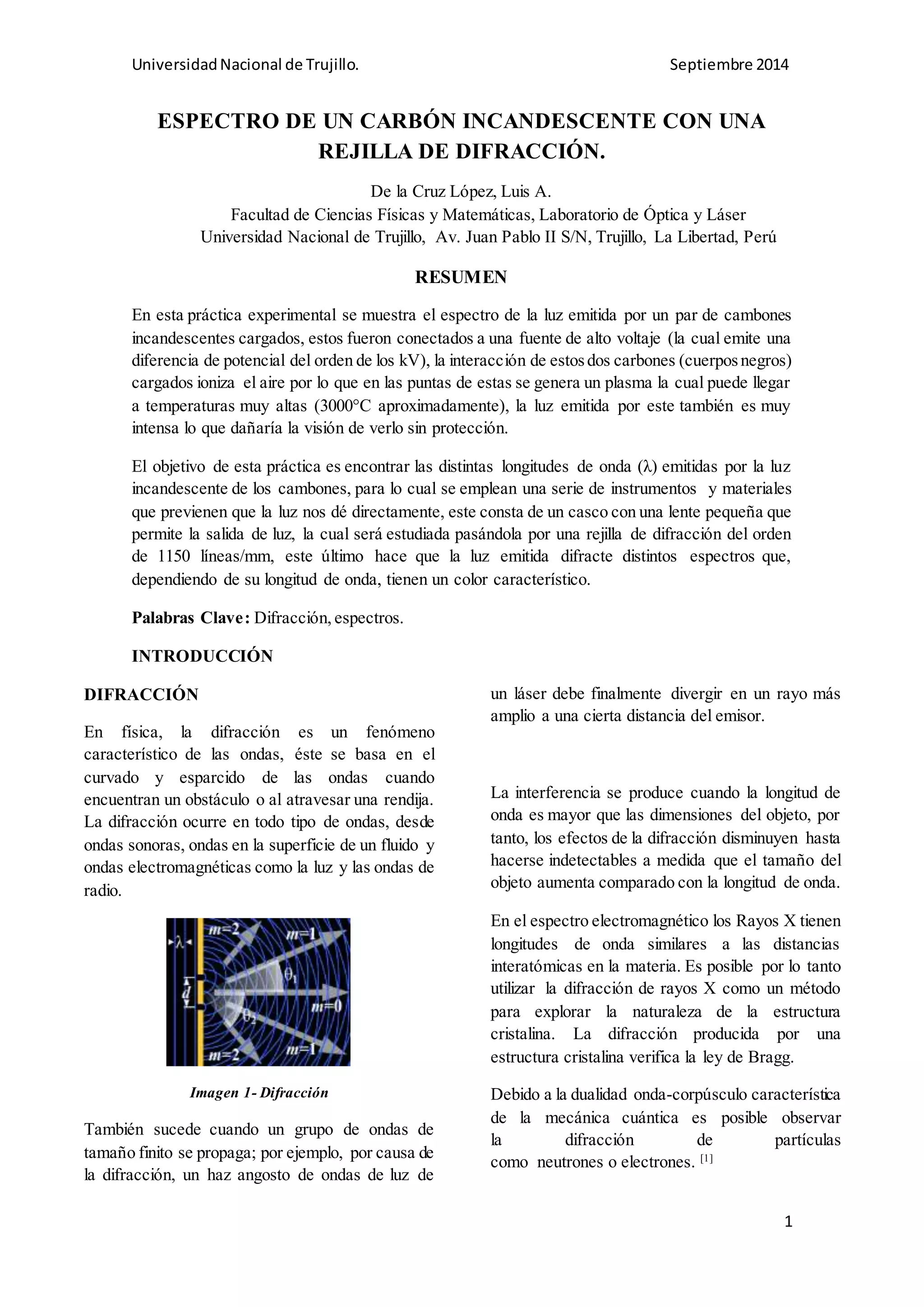 Espectro de un carbón incandescente con una rejilla de difracción | DOCX