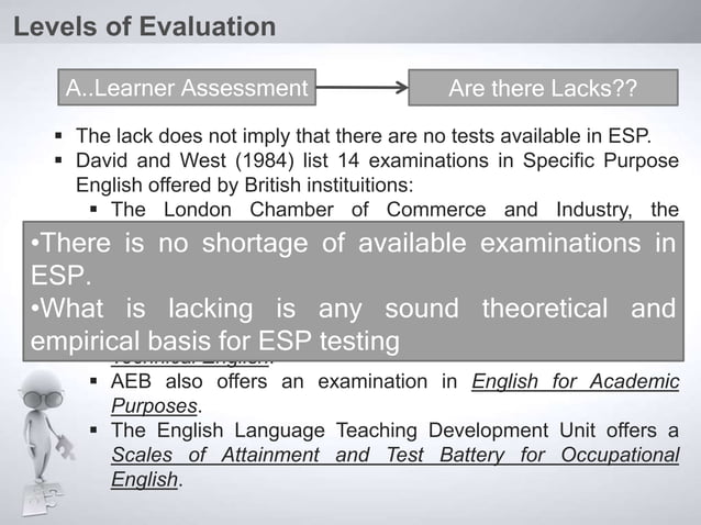 Evaluation in ESP | PPTX | Standardized Testing | Educational Assessment