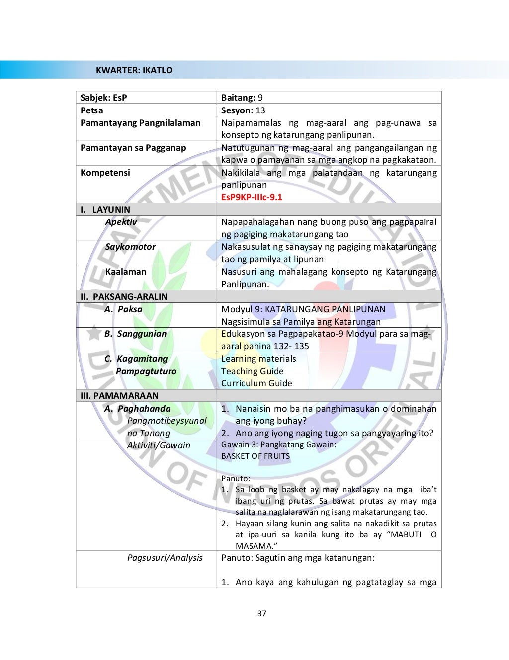 Es p grade 9 3rd quarter
