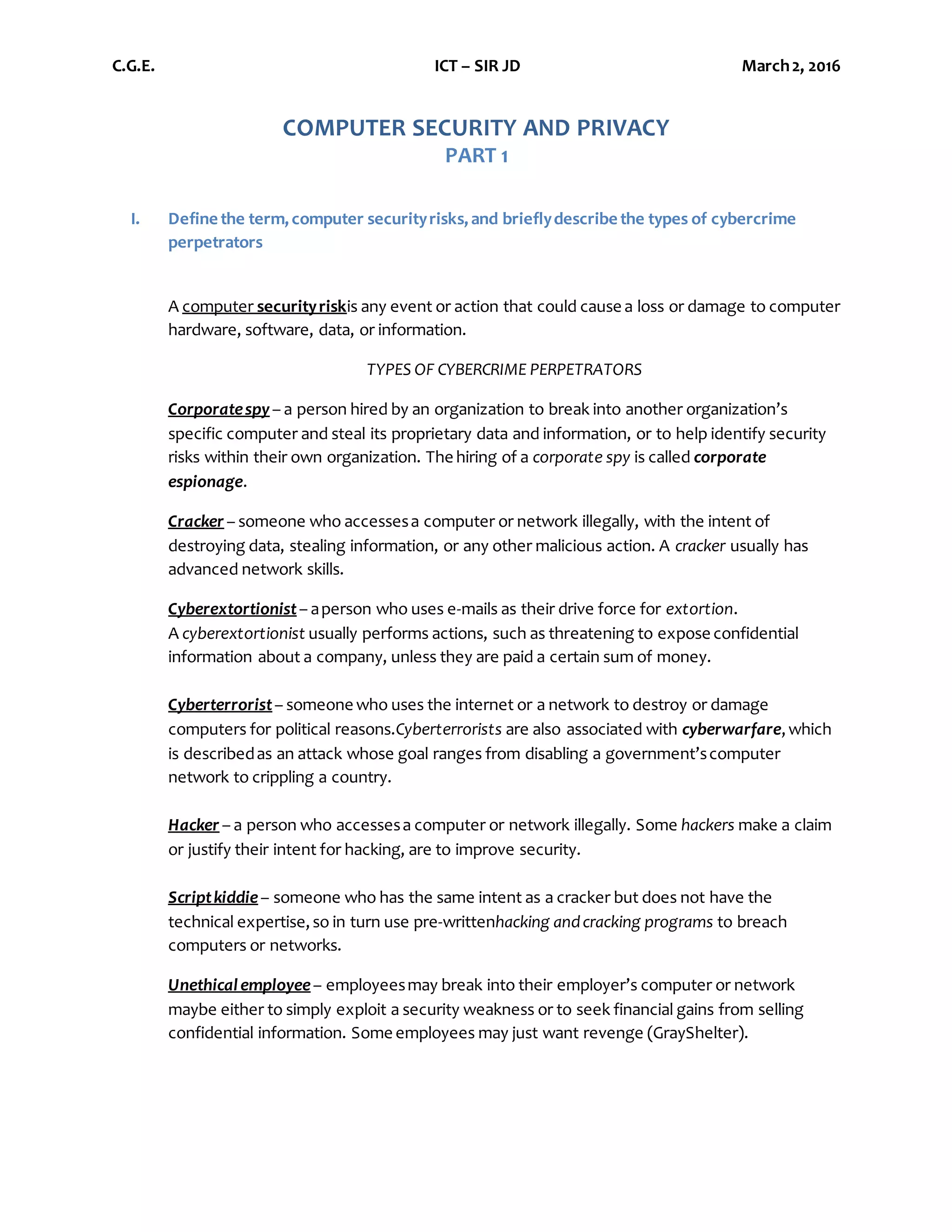 Computer security and privacy | DOCX | Internet Safety | Parenting