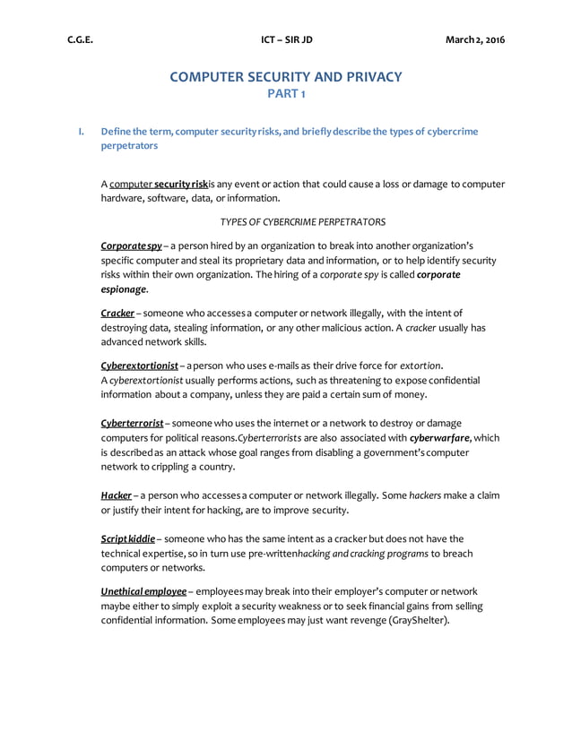 Computer security and privacy | DOCX | Internet Safety | Parenting