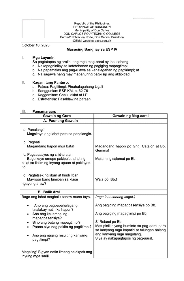 EDUKASYON SA PANGPAPAKATAO DETAILED LESSON PLAN | DOCX EDUKASYON SA PANGPAPAKATAO DETAILED LESSON PLAN | DOCX