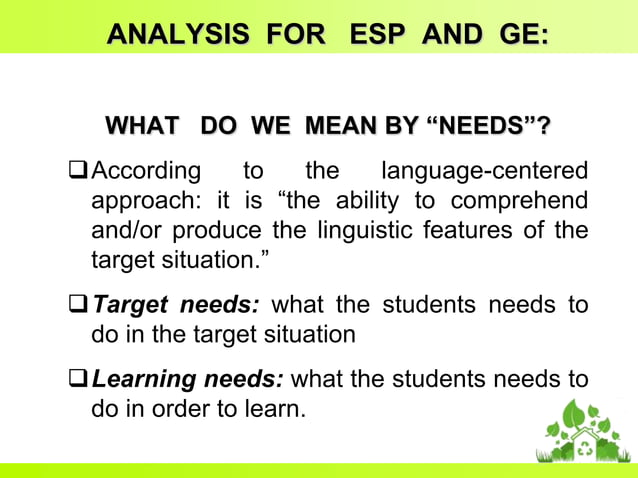 Esp Needs Analysis | PPTX | Educational Assessment | Education