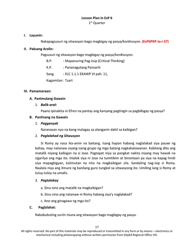 ESP 6 K-12 Teacher's Guide (Quarter 1) | PDF