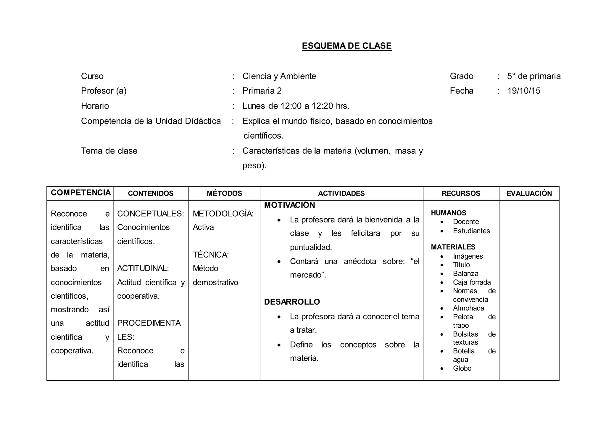 Esquema de clases demostrativo | DOCX