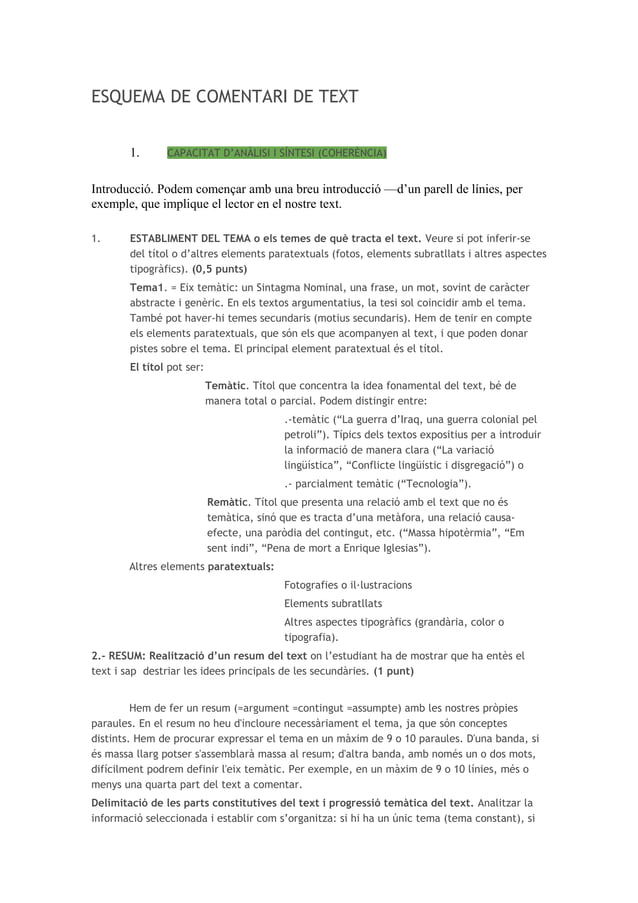 Esquema de comentari de text | PDF