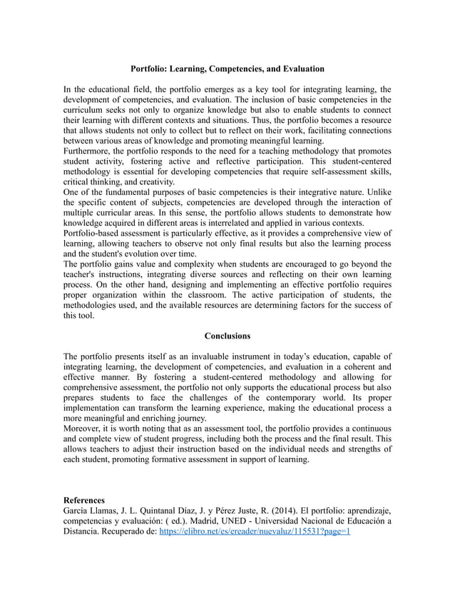 Essay The Porfafolio. Laerning, Competencies and Evaluation | PDF