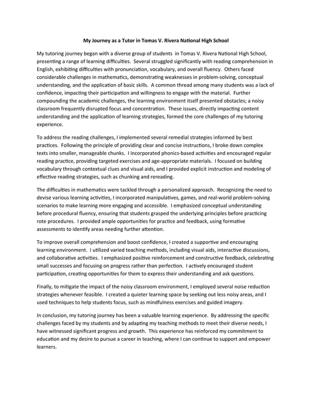 My Journey as a Tutor in Tomas V. Rivera National High School by Joven ...