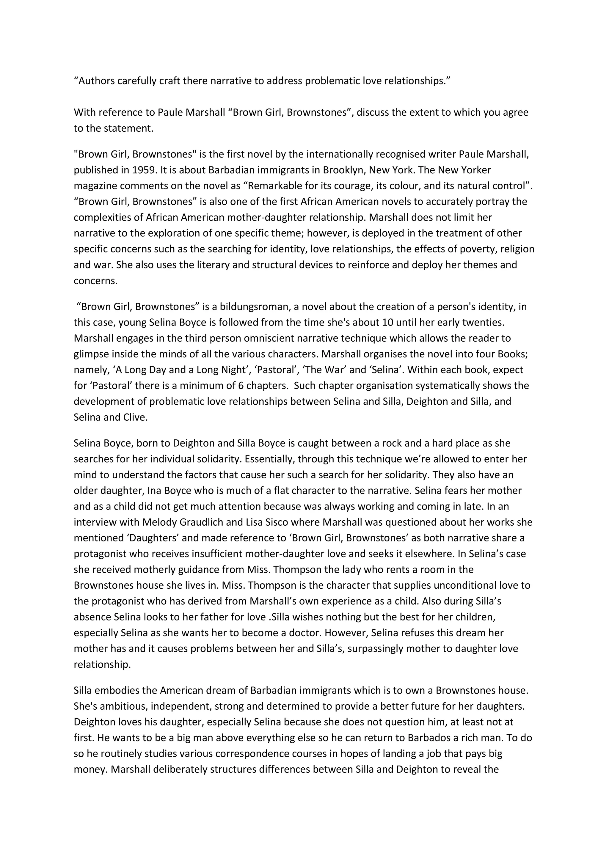 Literatures in English Unit 1 - Essay on Brown Girl, Brownstones | DOCX